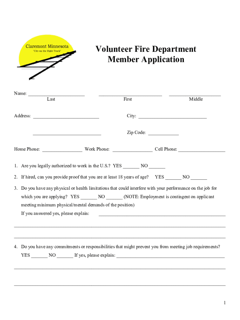 Fillable Online Volunteer Firefighter/First Responder Application Form ...