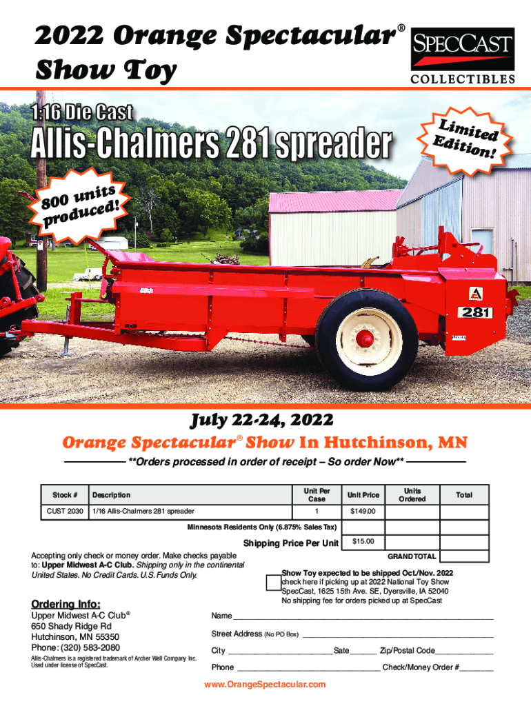 Fillable Online Spec Cast 1/16 Allis Chalmers 281 Box Manure Spreader ...