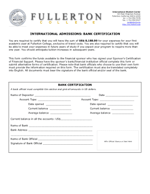 Fillable Online isc fullcoll INTERNATIONAL ADMISSIONS: BANK CERTIFICATION Fax Email Print ...
