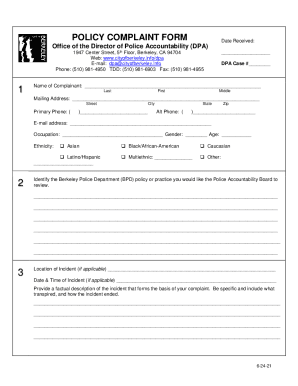 Fillable Online COMPLAINT FORM - The City of Berkeley Fax Email Print ...