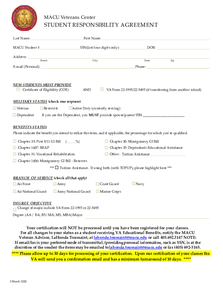 Fillable Online STUDENT RESPONSIBILITY AGREEMENT Fax Email Print ...