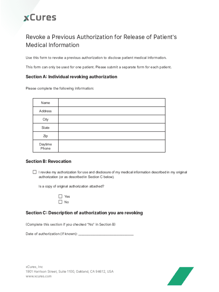 Fillable Online Revoke a Previous Authorization for Release of Patient ...