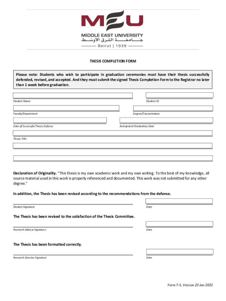 Fillable Online T-5 Thesis Completion Form Fax Email Print - pdfFiller