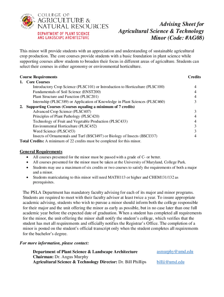 Fillable Online psla umd Advising Sheet for Agricultural Science ...