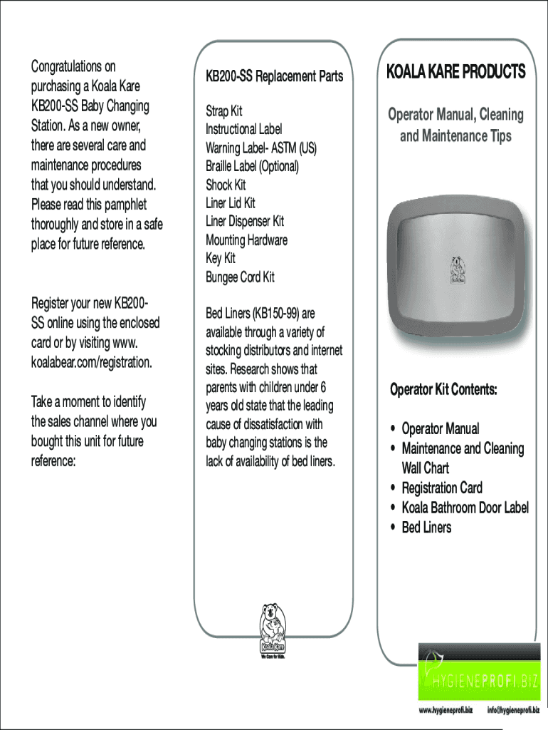 Fillable Online KB200-SS Technical Data Sheet - Koala Kare Fax Email ...