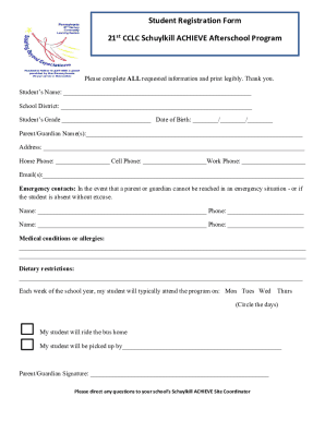 Fillable Online Registration Form 21st CCLC Schuylkill ACHIEVE Afterschool ... Fax Email Print ...
