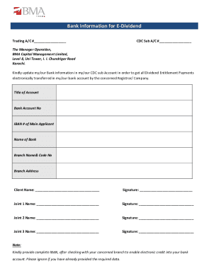 Fillable Online Bank Information for E-Dividend - BMA Trade Fax Email ...