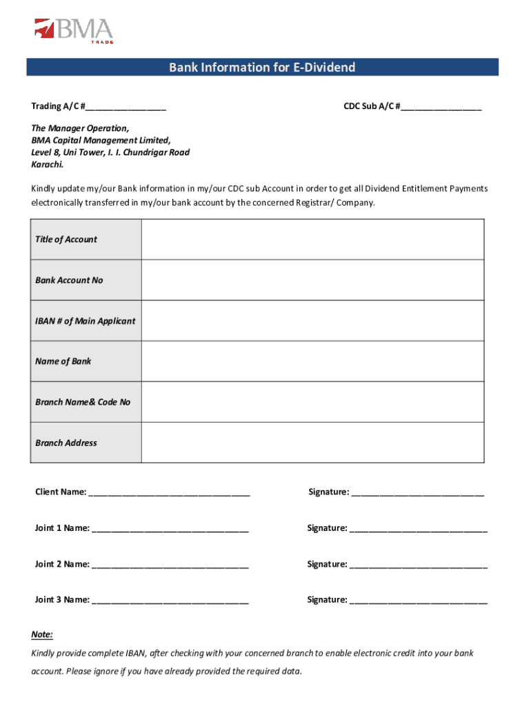 Fillable Online Bank Information for E-Dividend - BMA Trade Fax Email ...