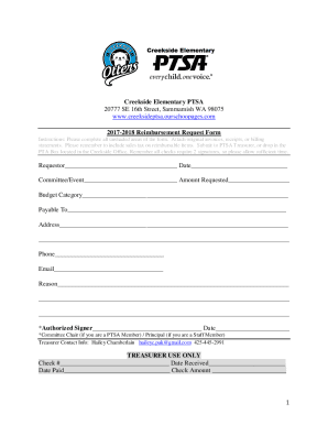 Fillable Online 2017-2018 Reimbursement Request Form - Creekside PTSA ...