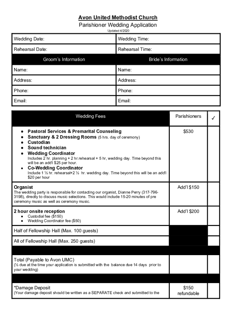 Fillable Online Avon United Methodist Church Parishioner Wedding Application Fax Email Print ...