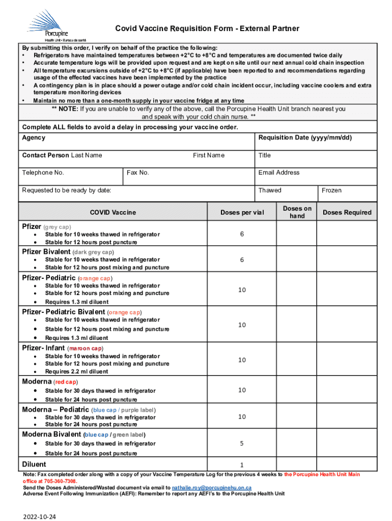 Fillable Online Covid Vaccine Requisition Form - Porcupine Health Unit Fax Email Print - pdfFiller