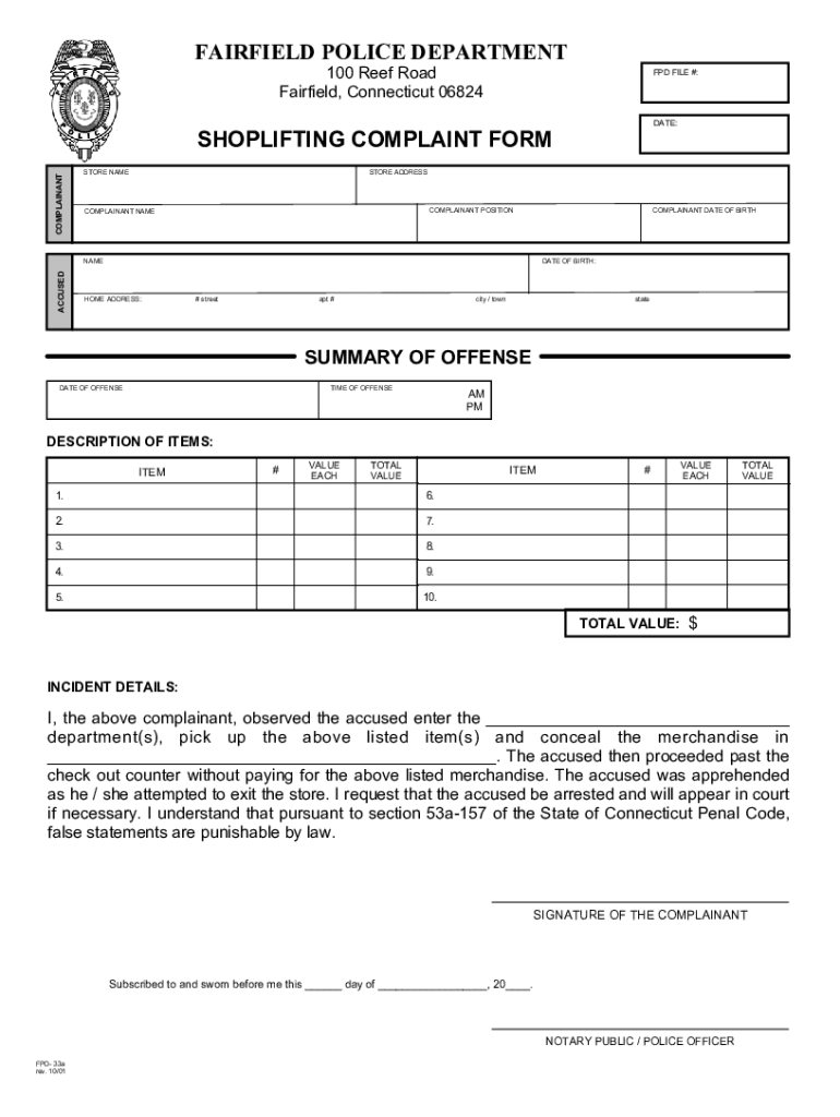 Fillable Online Shoplifting Complaint Form - Short version - Fairfield Police Fax Email Print ...