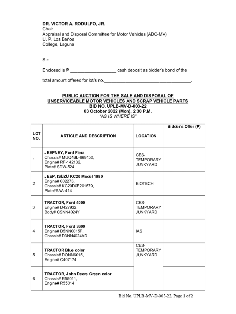 Fillable Online Notice of Public Auction for Unserviceable Motor ...