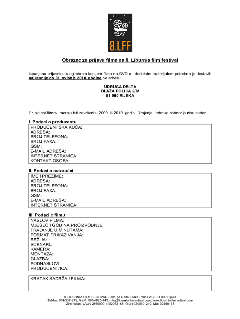 Fillable Online Obrazac za prijavu filma na 8. Liburnia film festival ...