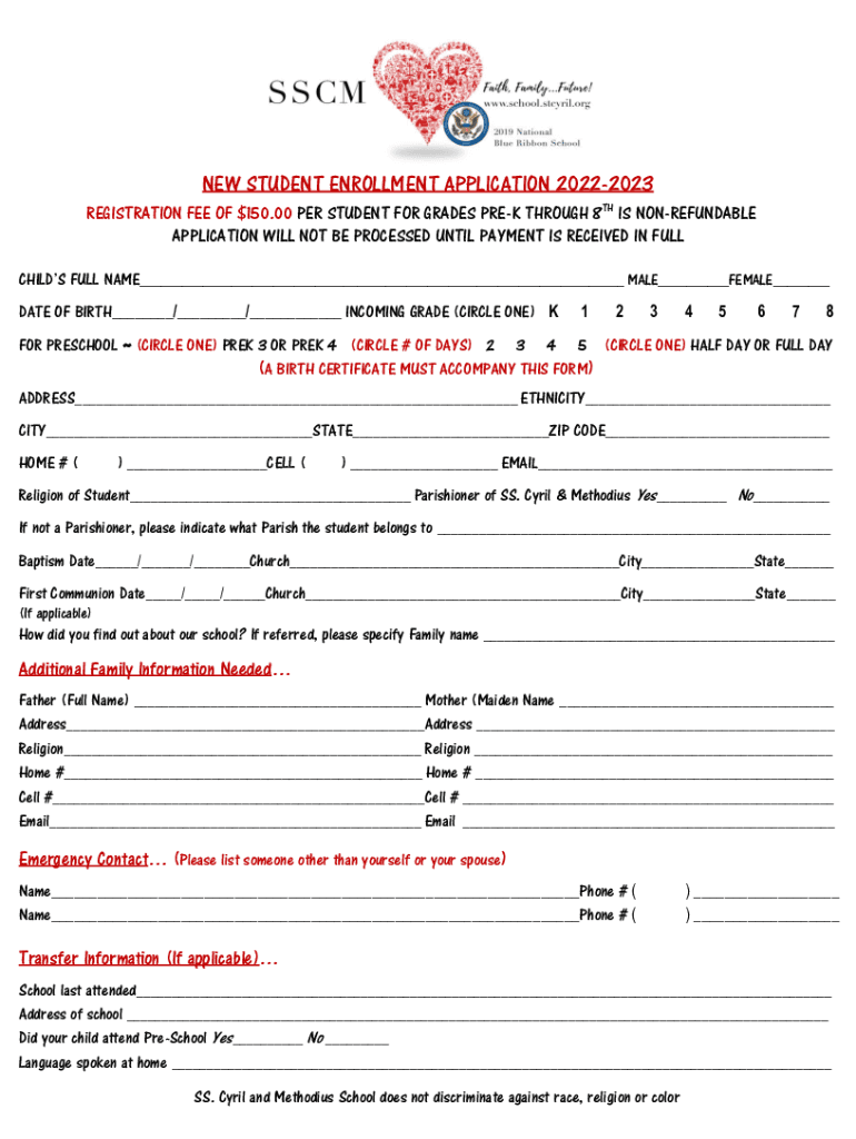 Fillable Online school stcyril On-Line NEW STUDENT Registration Form ...