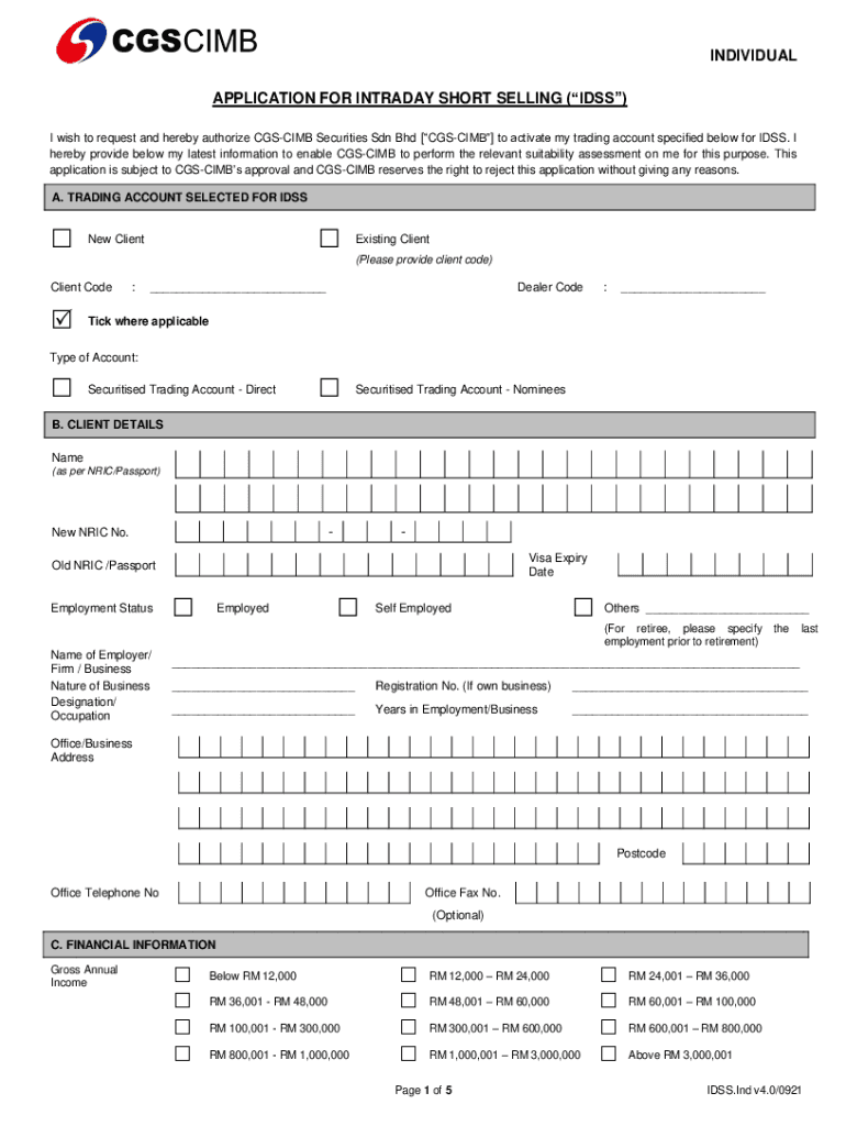 Fillable Online INDIVIDUAL APPLICATION FOR INTRADAY SHORT ... Fax Email ...