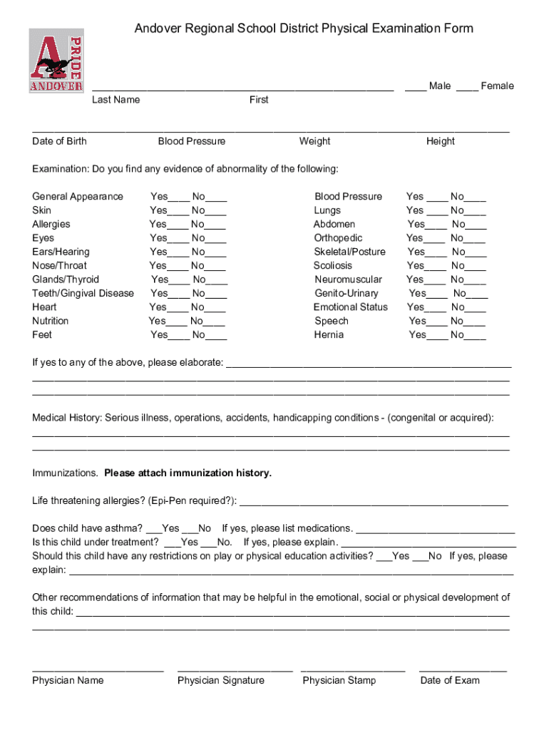 Fillable Online Andover Regional School District Physical Examination ...