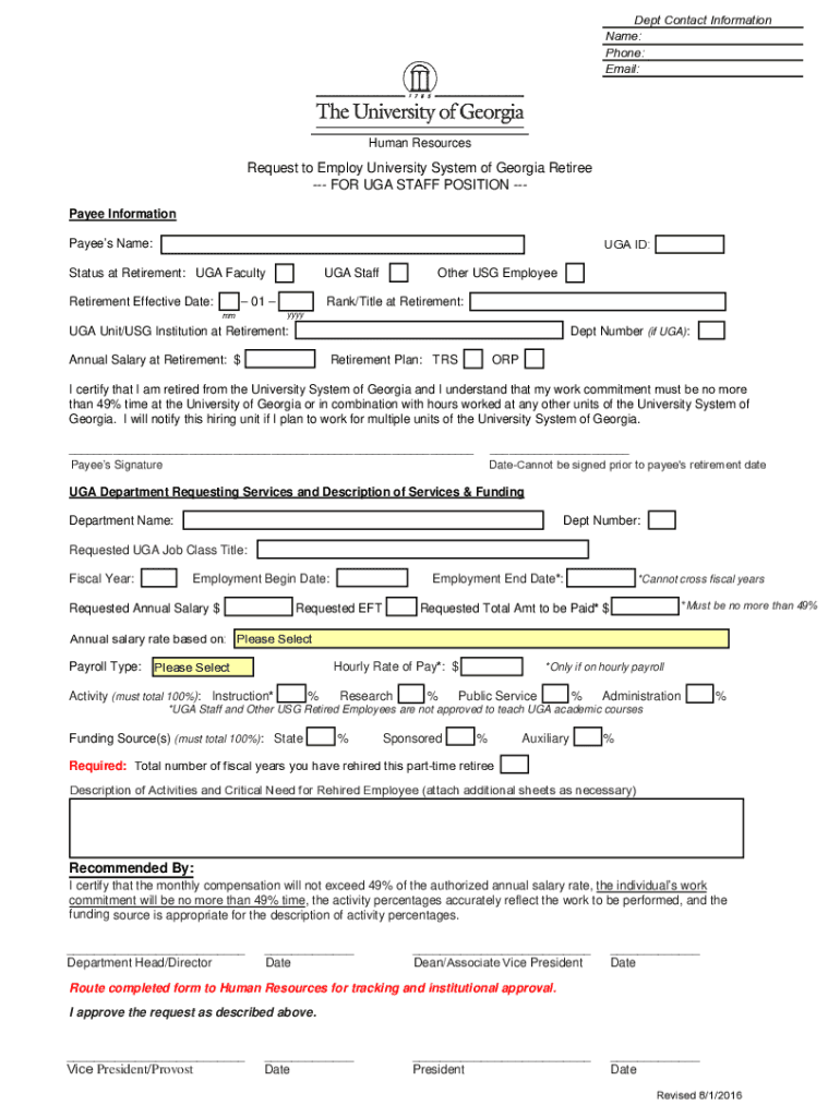 Fillable Online Request to Employ University System of Georgia Retiree - UGA Fax Email Print ...