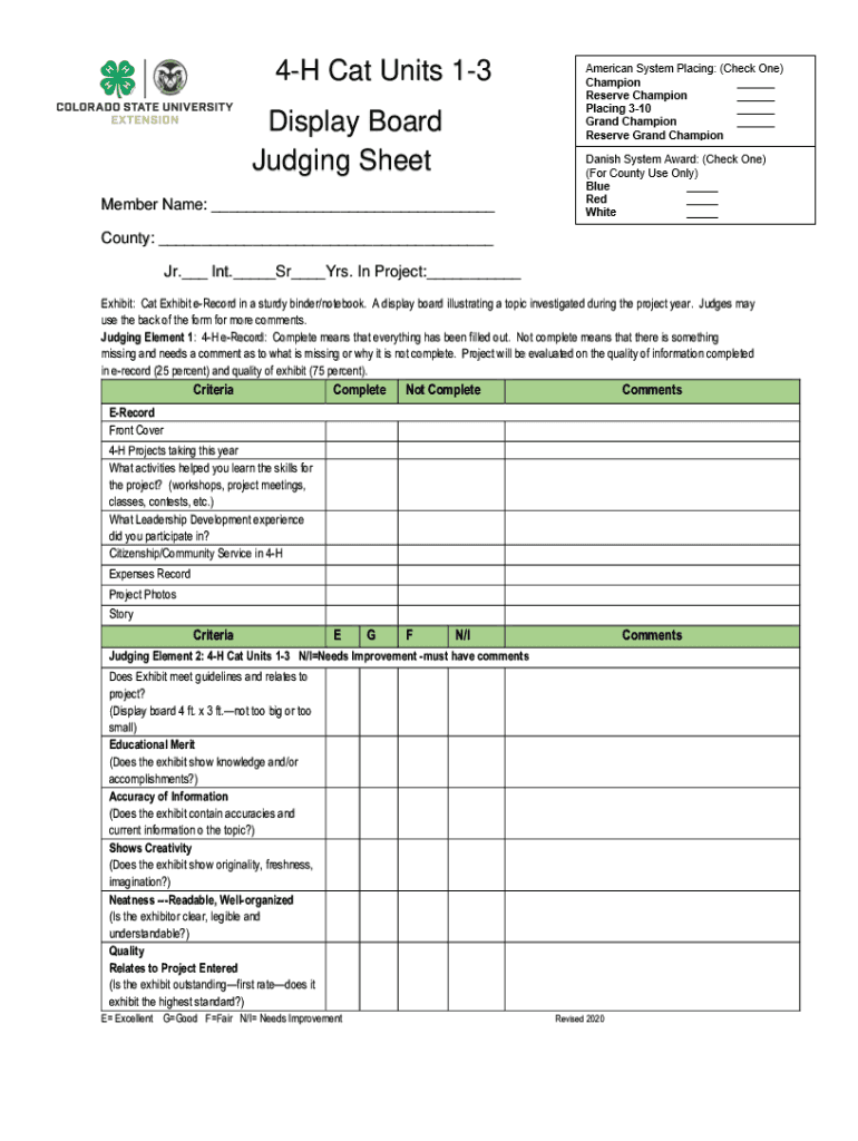 Fillable Online 4-H Cat Units 1-3 Display Board Judging Sheet Fax Email ...