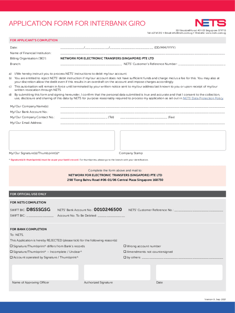 Fillable Online APPLICATION FORM FOR INTERBANK GIRO - Singapore Fax ...