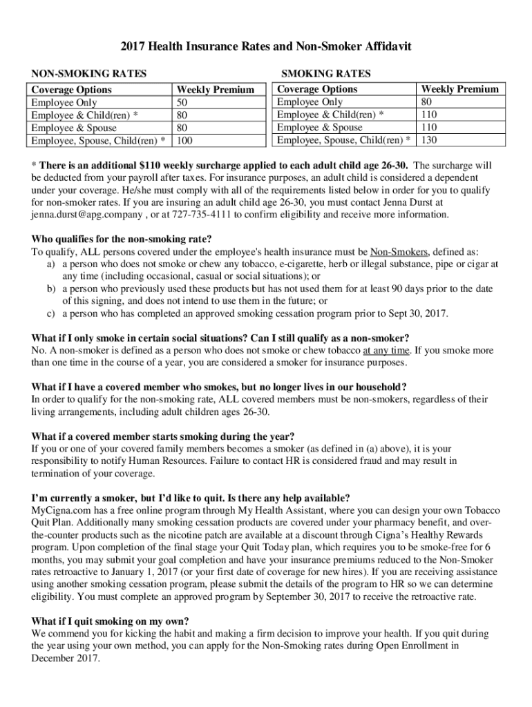Fillable Online 2017 Health Insurance Rates and Non-Smoker Affidavit ...