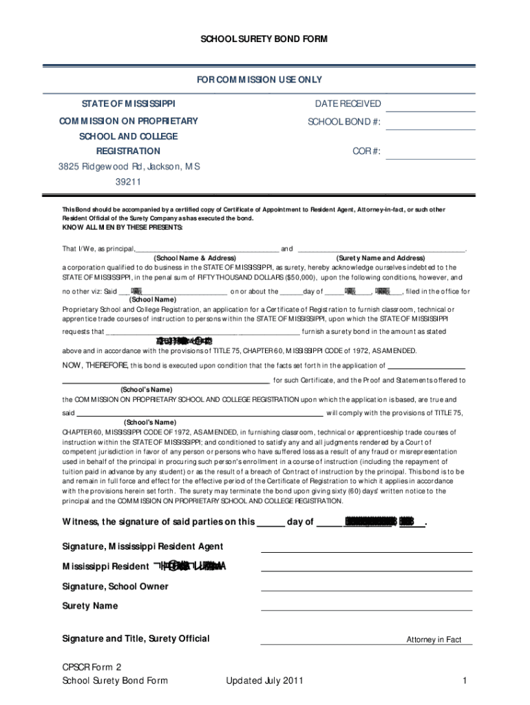 Fillable Online school surety bond form for commission use only state ...
