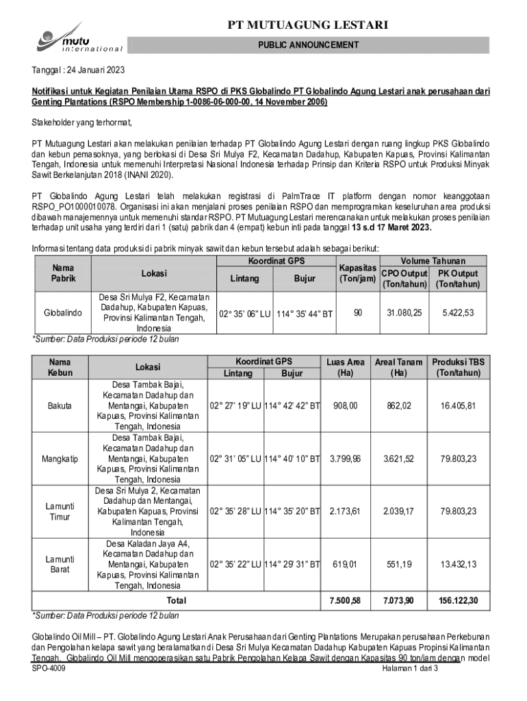 Fillable Online PT GLOBALINDO AGUNG LESTARI (PT GAL)Land Matrix Fax ...