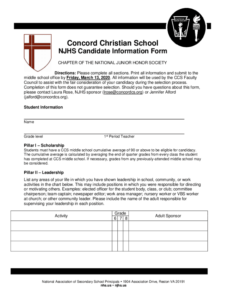 Fillable Online NJHS Candidate Information Form - Howell L. Watkins ...