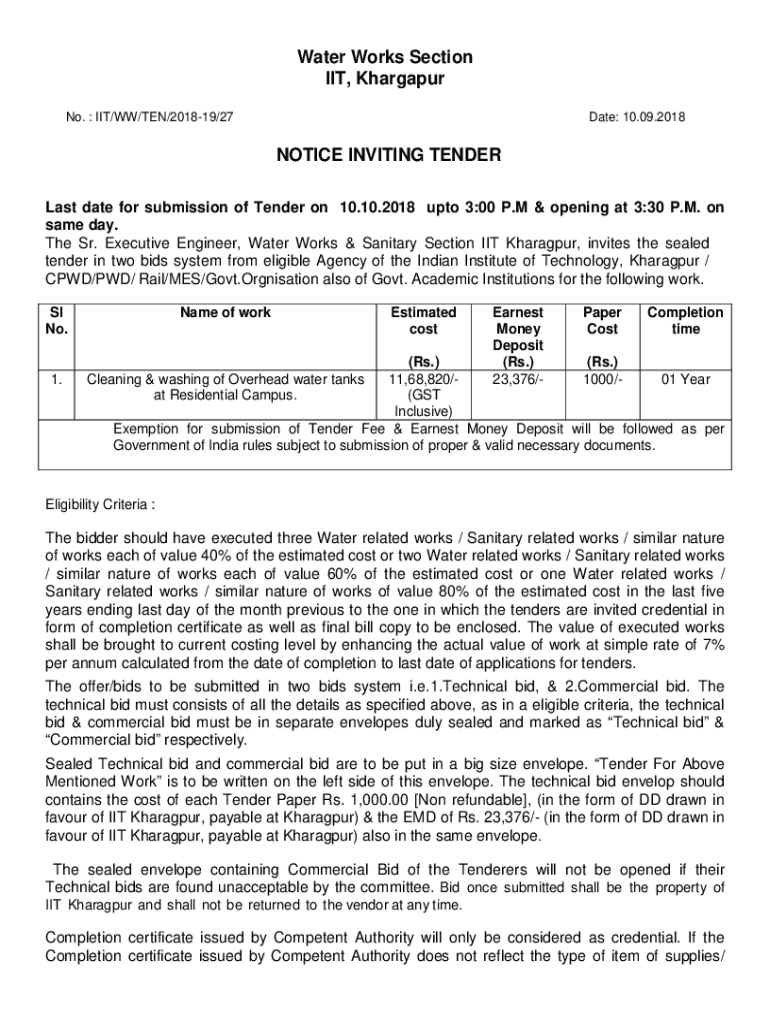 Fillable Online Water Works Section IIT, Khargapur NOTICE INVITING ...