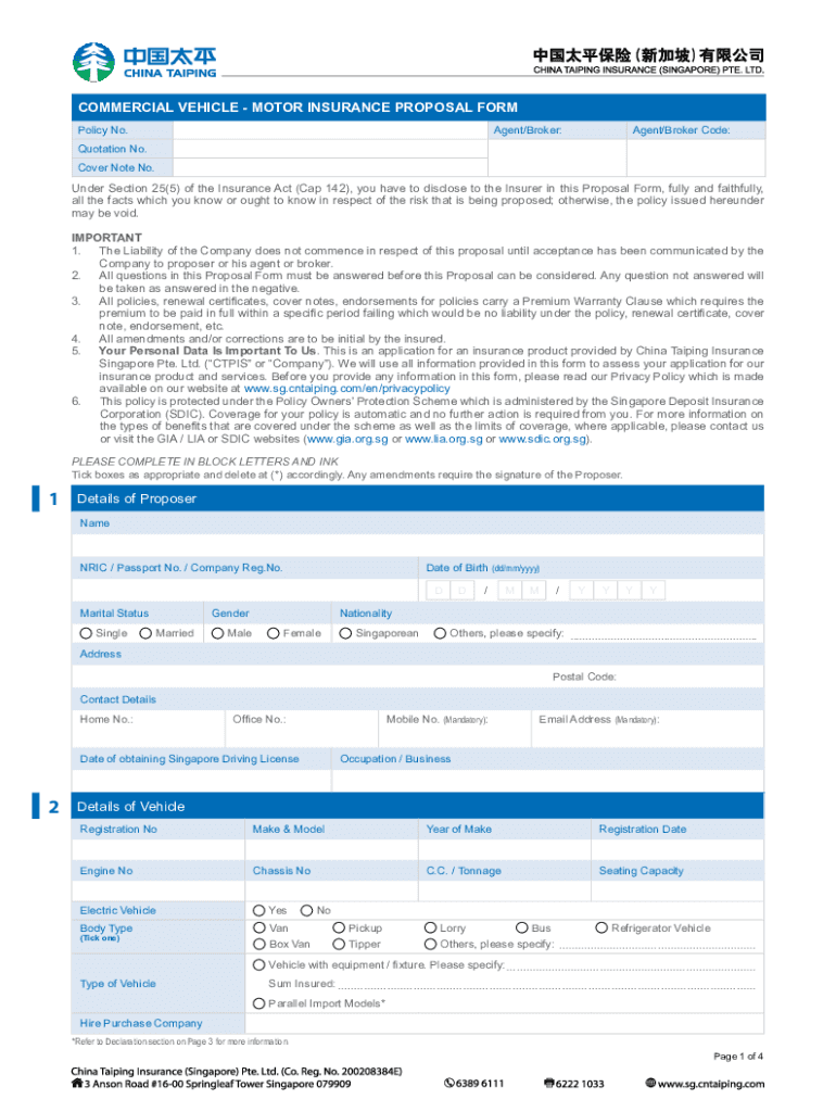 Fillable Online commercial vehicle - motor insurance proposal form Fax ...