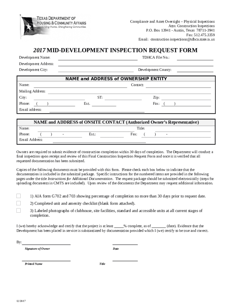 2017 final construction inspection request - TDHCA Doc Template | pdfFiller