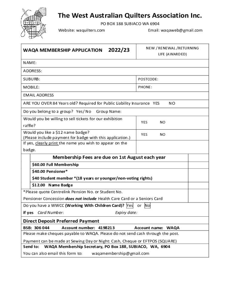 Fillable Online WAQA Membership Application - WA Quilters Association ...