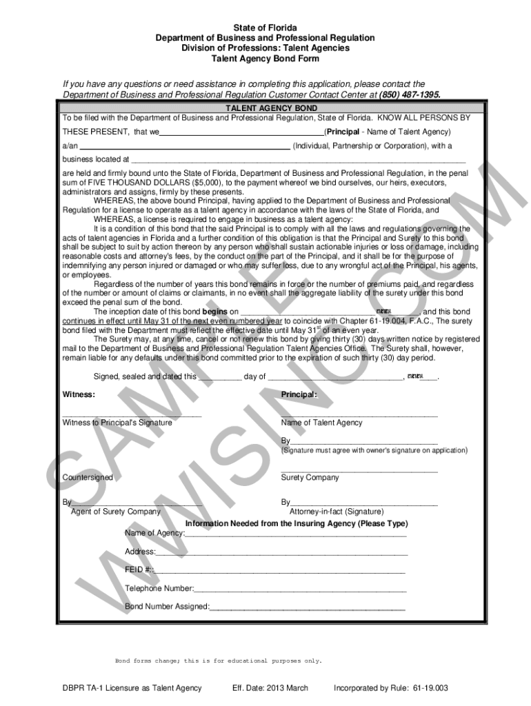 Fillable Online DBPR TA 3 - Application for Talent Agency Name or ...