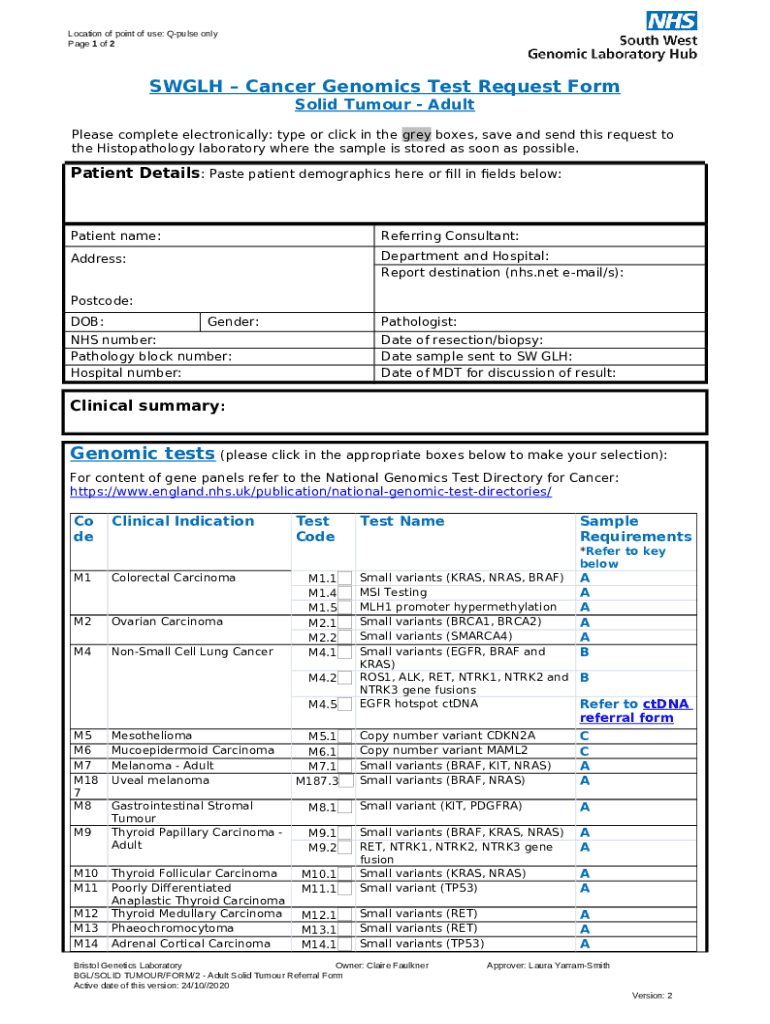 SWGLH Requesting a Genomic Test for Solid Tumours Doc Template | pdfFiller