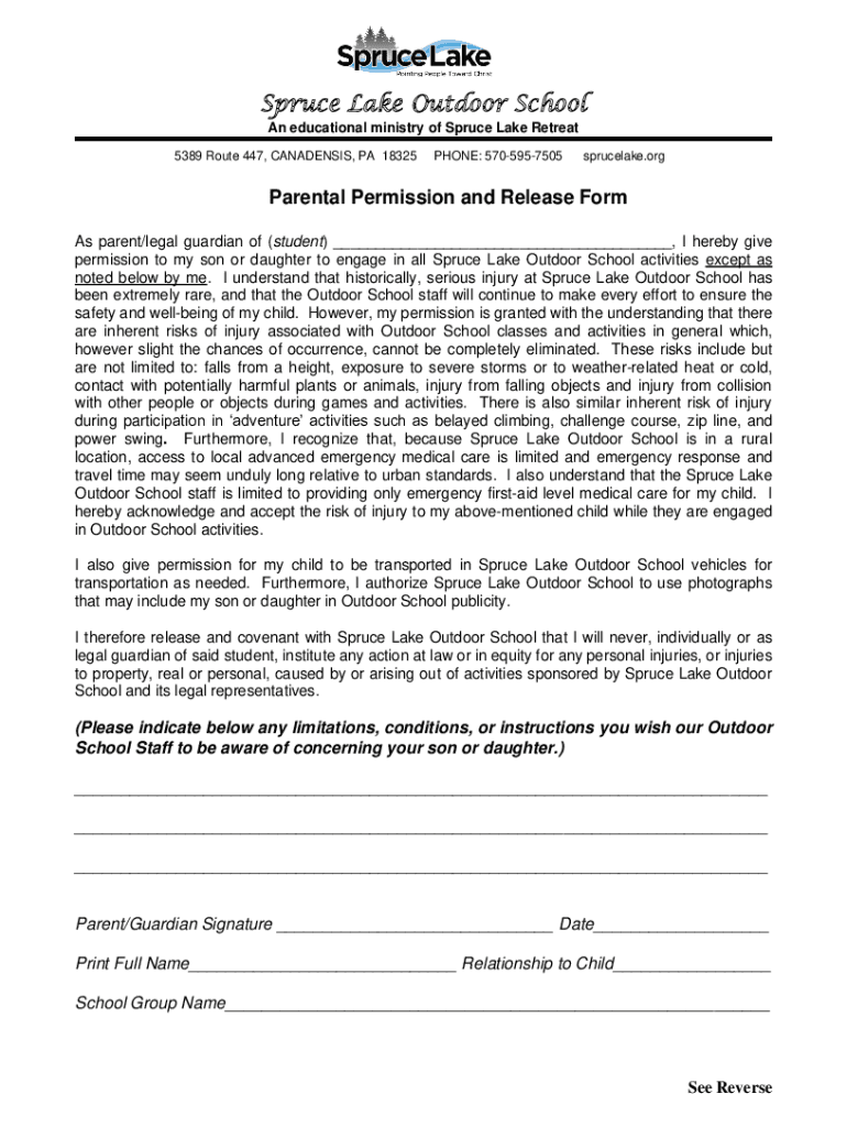 Fillable Online Spruce Lake Outdoor School Fax Email Print - pdfFiller