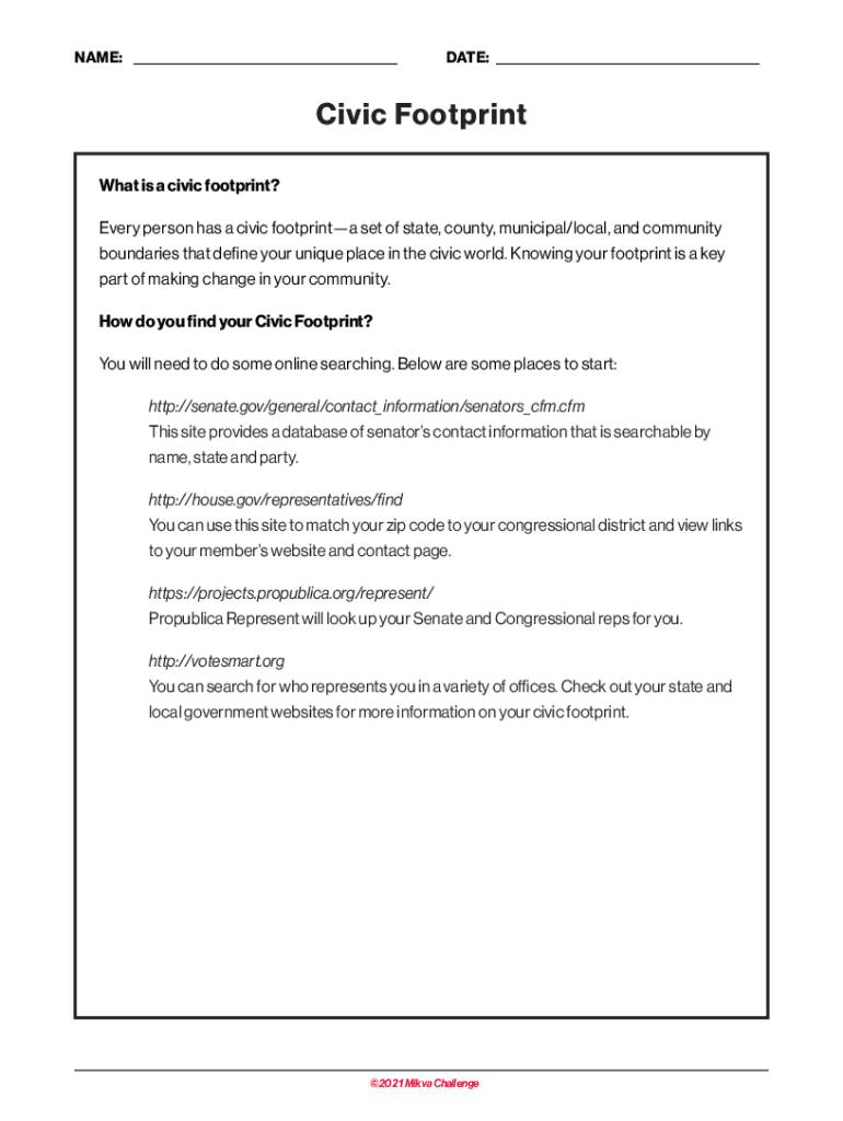 Fillable Online My Civic Footprint (Sample) - Mikva Challenge Fax Email ...