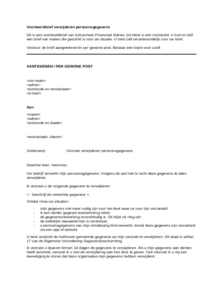 Voorbeeldbrief verzoek om verwijderen beeldmateriaal Doc Template ...