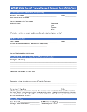 Fillable Online Data Breach / Unauthorized Release Complaint Process ...