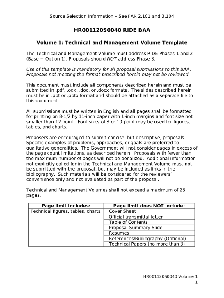 Attachment C PROPOSAL TEMPLATE VOLUME 1 - GovTribe Doc Template | pdfFiller