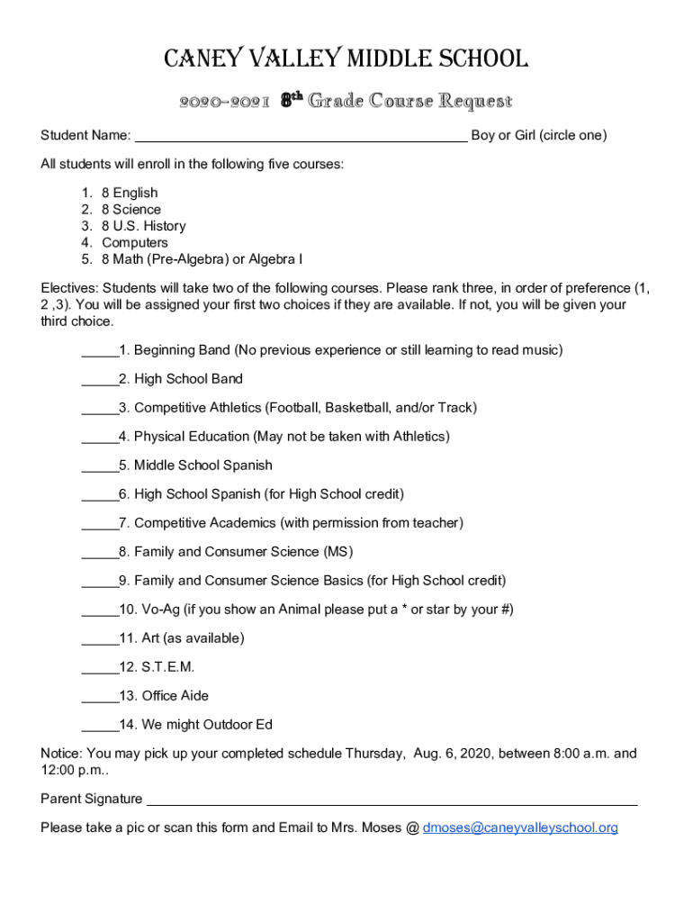 Fillable Online 8TH GRADE ELECTIVES COURSE SELECTION CARD ... Fax Email Print - pdfFiller