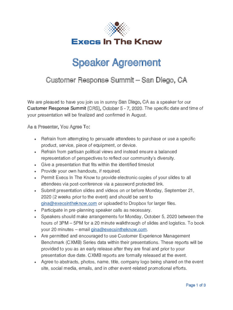 Fillable Online Speaker AgreementExecs In The Know Fax Email Print ...