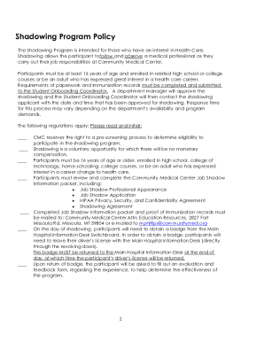 Fillable Online Welcome! Thank you for your interest in Job Shadowing ...