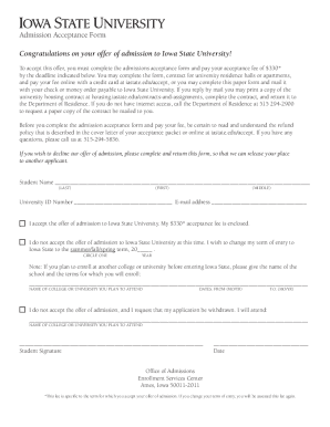 Fillable Online Admission Acceptance Form - Iowa State University - Admissions ... Fax Email ...