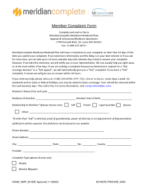 Fillable Online Member Complaint Form - MeridianComplete Fax Email ...
