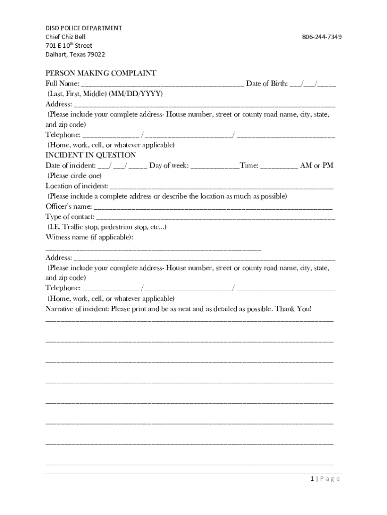 Fillable Online DPD PERSONNEL COMPLAINT DALHART POLICE ... Fax Email ...