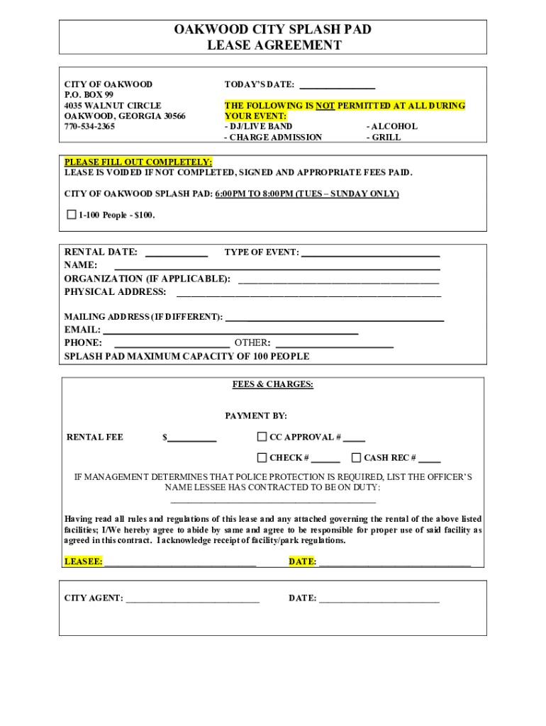Fillable Online OAKWOOD CITY SPLASH PAD LEASE AGREEMENT Fax Email Print - pdfFiller