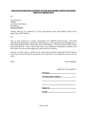 Fillable Online tenders iitm ac APPLICATION FORM FOR ALLOTMENT OF JUICE ...