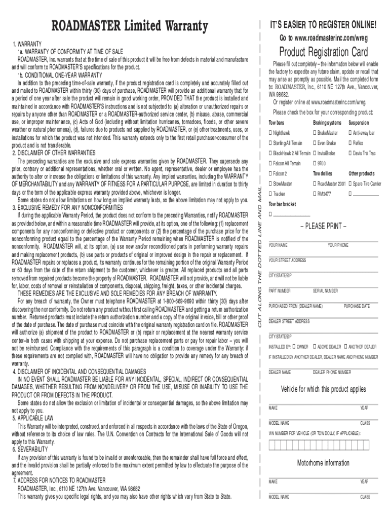 Fillable Online product registration card - Roadmaster Fax Email Print ...