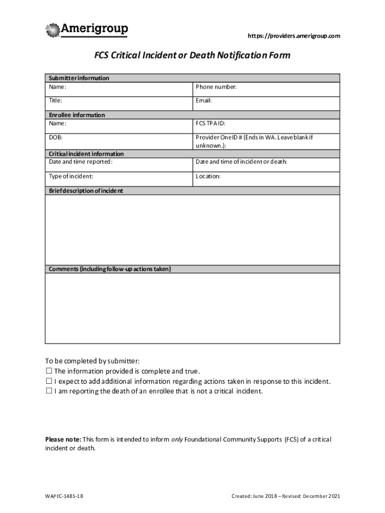 Fillable Online FCS Critical Incident or Death Notification Form Fax ...