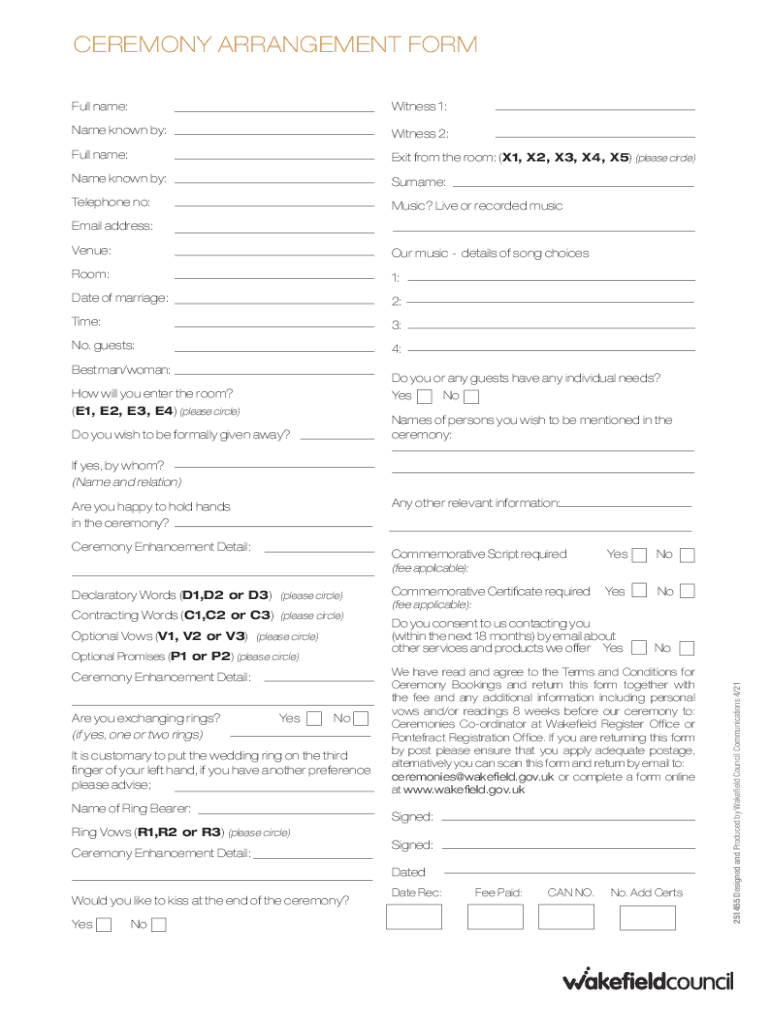 Fillable Online CEREMONY ARRANGEMENT FORM - Wakefield Council Fax Email Print - pdfFiller